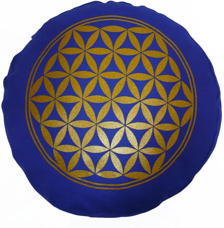 S radostí - vlastní výroba Meditační polštář se zlatým Květem života - modrý Velikost: ∅35 x v30 cm