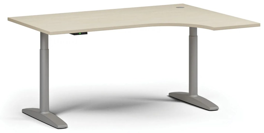 Výškově nastavitelný stůl OBOL, elektrický, 675-1325 mm, rohový pravý, deska 1600x1200 mm, šedá zaoblená podnož, dub přírodní