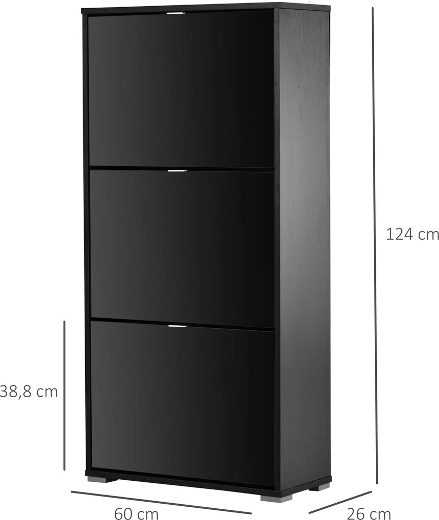 HOMCOM Skříň na boty, botníková police se 3 skládacími dveřmi, 3 přihrádky, dřevěná, 60Š x 26H x 124V cm, lesklá černá