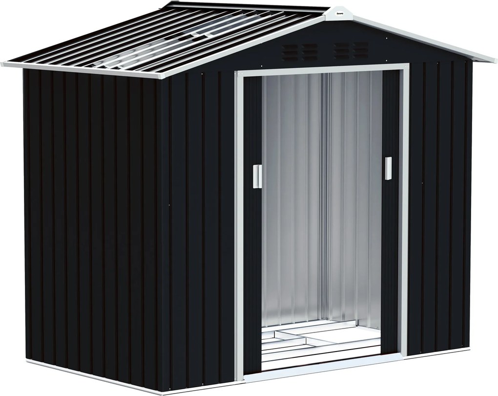 Zahradní shed Outsunny 2,42m² s posílenou základnou bez podlahy 213x130x185 cm s posuvnými dveřmi a střešním oknem 4 okna pro skladování nářadí Tmavě