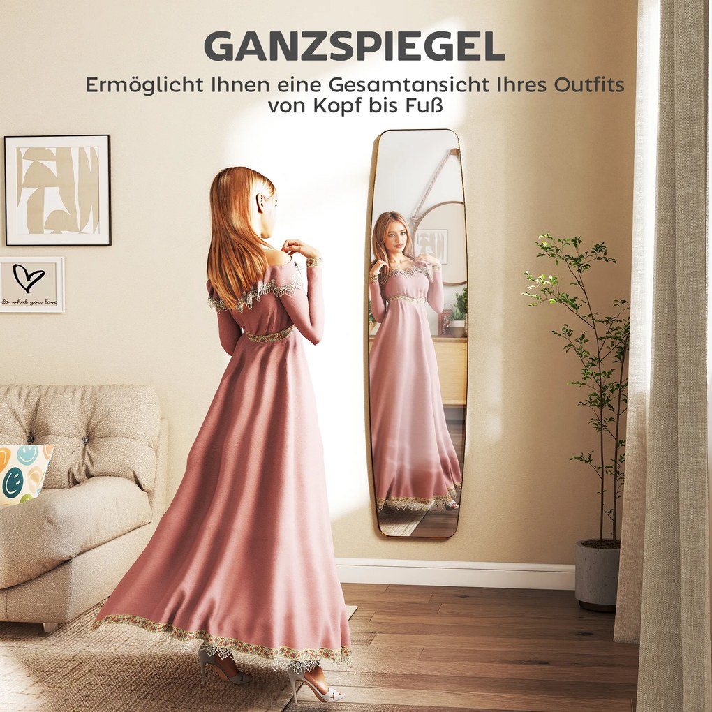 HOMCOM nástěnné celozrcadlo 160 × 40 cm s kovovým rámem — dekorativní celozrcadlo do předsíně, ložnice a obývacího pokoje, zlaté