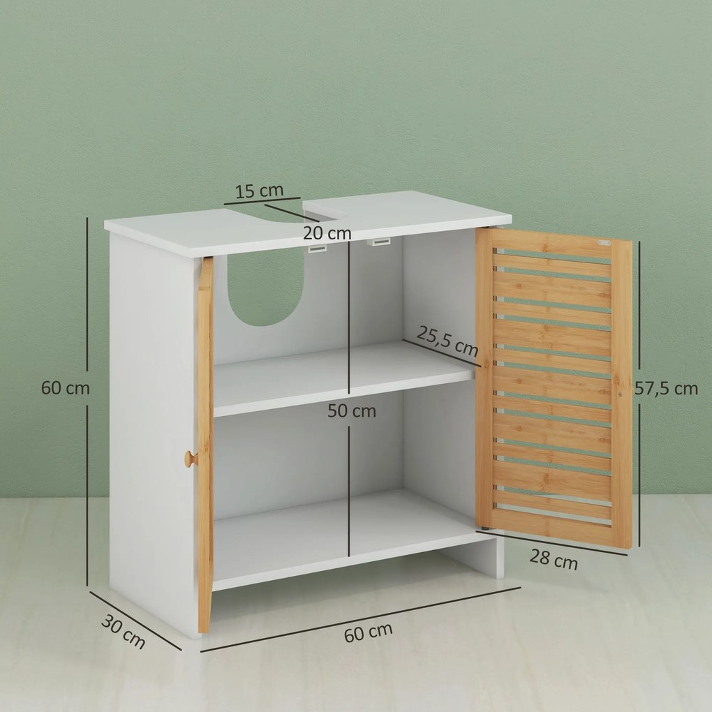 HOMCOM Skříňka pod umyvadlo Moderní koupelnová skříňka s magnetickými dvířky z bambusu a nastavitelnou policí 60x30x60 cm Bílá a přírodní