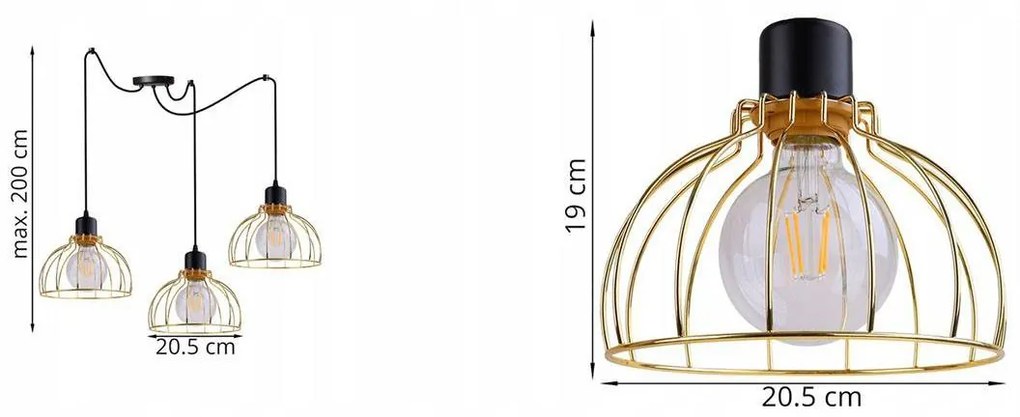 Závěsné svítidlo Mobi Spider, 3x zlaté drátěné stínítko, (výběr ze 2 barev konstrukce)