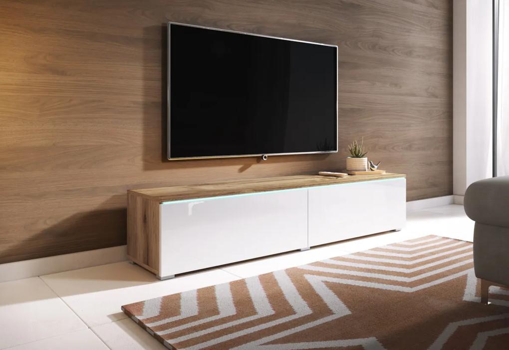 Expedo TV stolek MENDES D 180, 180x30x32, bílá/bílá lesk + LED
