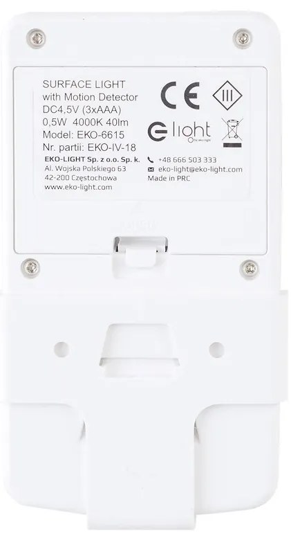 LED svítidlo + boční světlo, 1x LED 0,5w 4000k, w, pohybový senzor