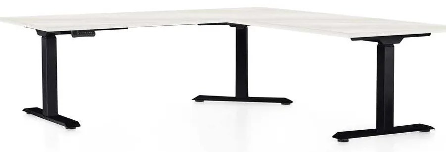 Výškově nastavitelný stůl OfficeTech Angle, 180 x 200 cm, černá podnož, bílý jasan