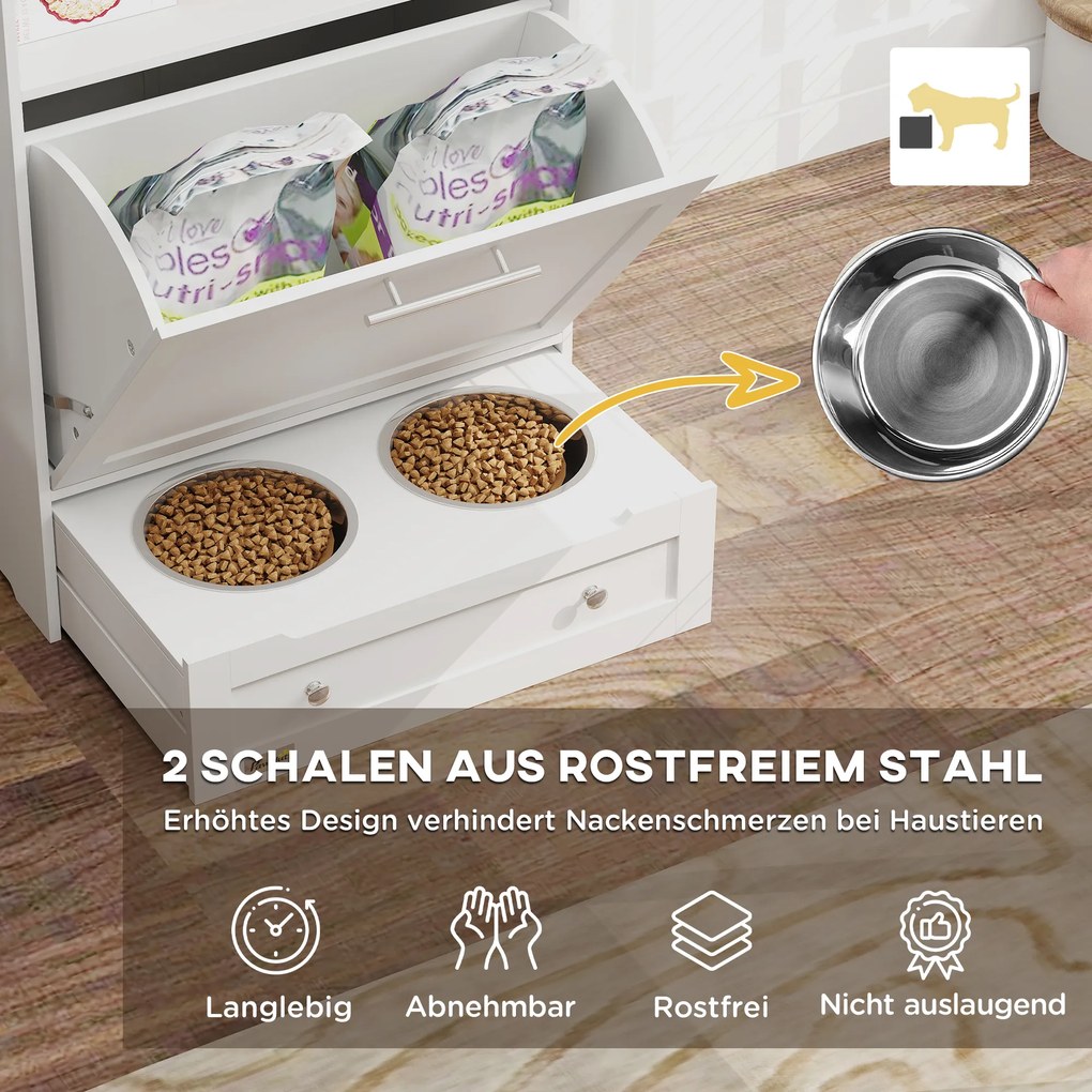 PawHut Krmná stanice pro domácí zvířata, úložná skříňka na potřeby pro domácí mazlíčky, s miskami na krmivo, háčky na vodítka, MDF, bílá