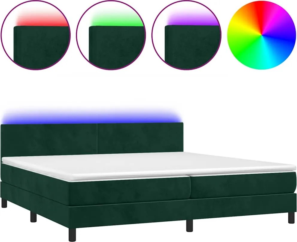 Box spring postel s matrací a LED tmavě zelená 200x200 cm samet 3134306