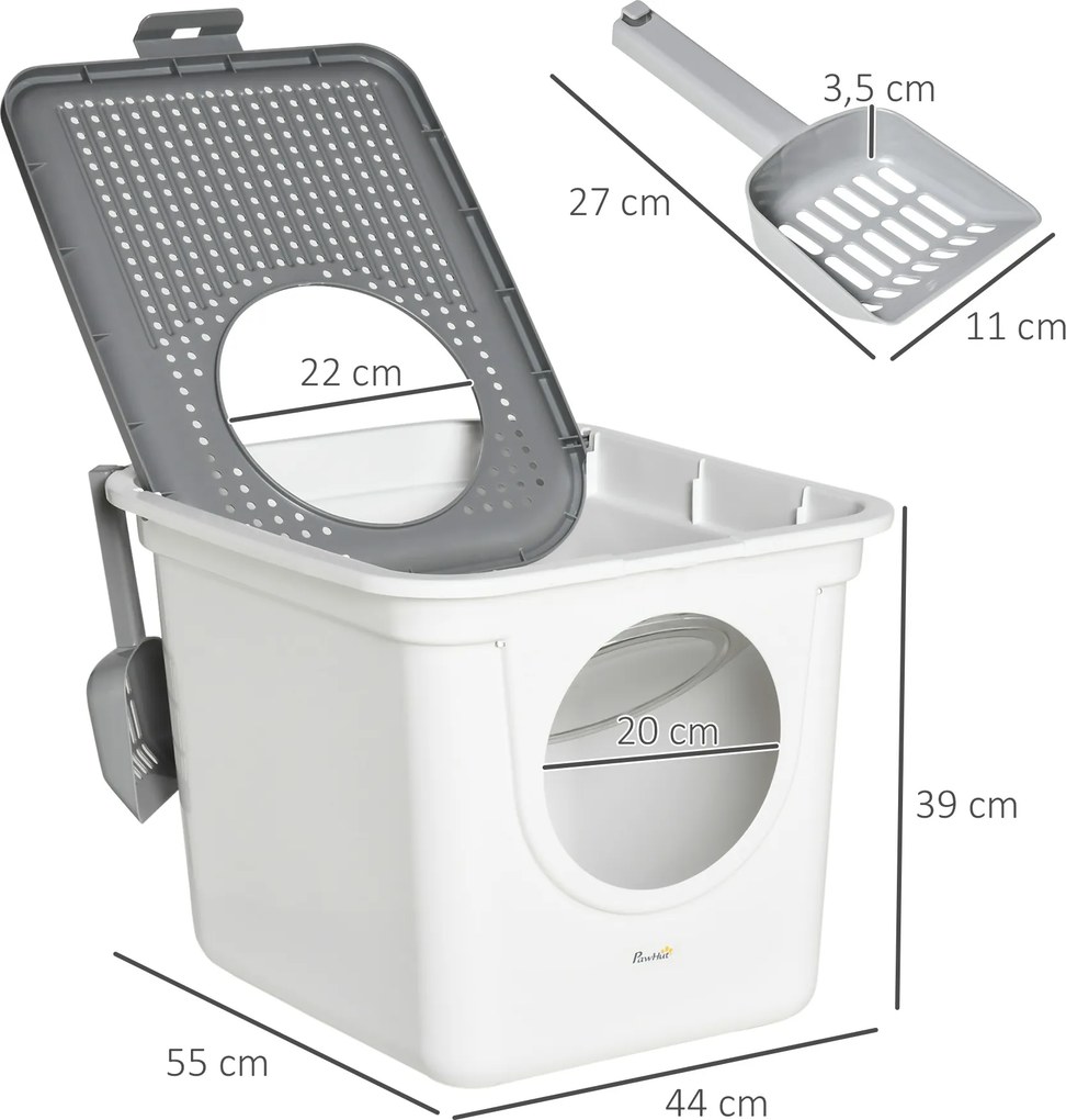 Podnos PawHut s víkem Podnos s lopatkou, do 5 kg, vnitřní, plast, šedý+bílý, 44x55x39cm| Aosom