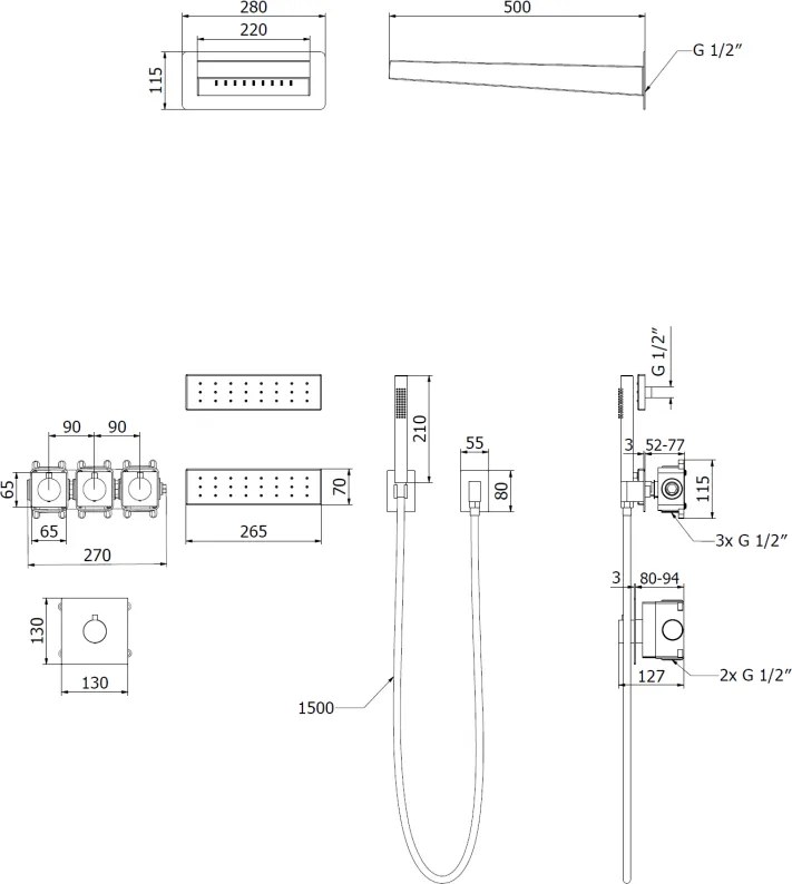 Mexen Fall, sprchová souprava pod omítku, černá matná, 7602-04-70