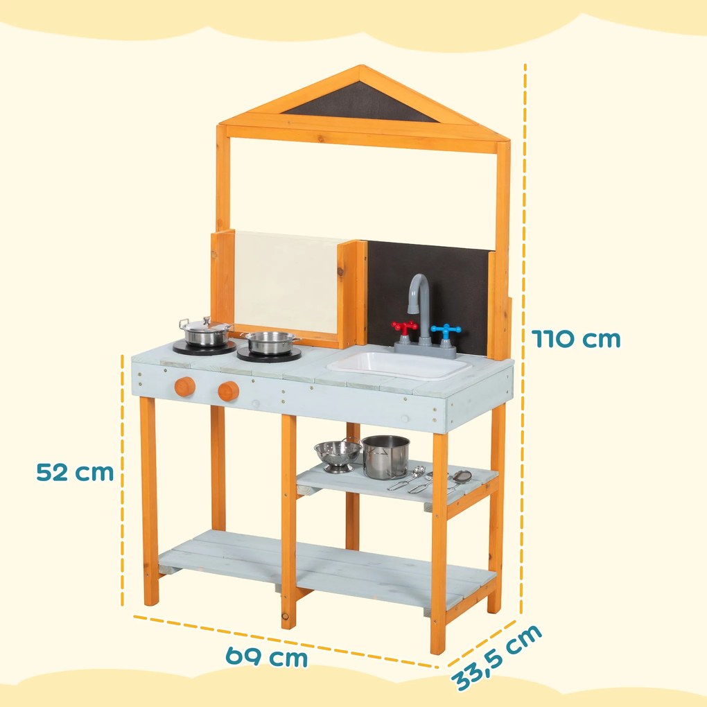 Blátivá kuchyňka dětská venkovní kuchyňka na hraní dřevo s vařičem odnímatelné police na dřez pro děti ve věku 3-8 let, světle modrá