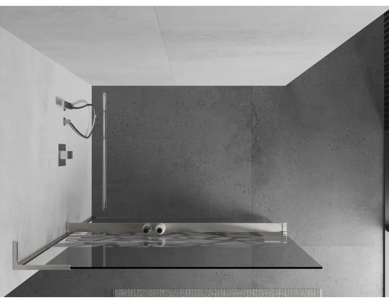 Mexen Kioto+ L, sprchová zástěna Walk-In s poličkou a věšákem 110 x 200 cm, 8mm čiré sklo bílý vzor, broušená ocel profil, 800-110-123-97-85