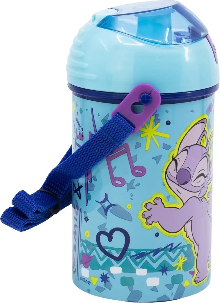 Plastová láhev na pití s brčkem a víčkem Stitch &amp; Angel - 450 ml
