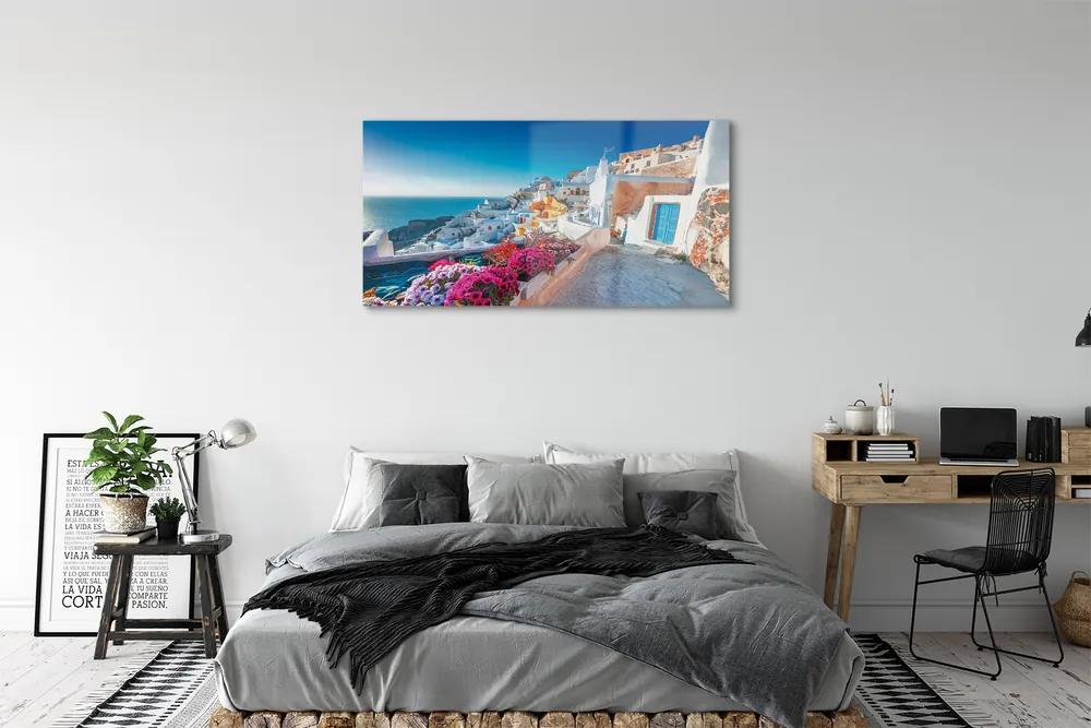 akrylový obraz Budovy Řecko mořské květiny 125x50 cm
