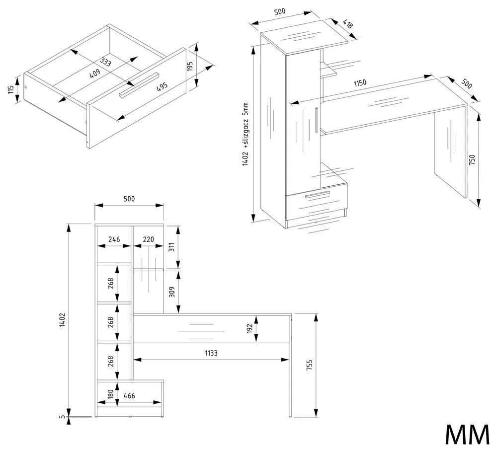 Psací stůl s regálem COSMO dub artisan