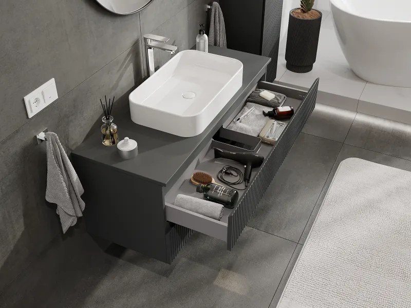 Mexen Rivel, koupelnová skříňka 120 cm, 2 zásuvky, drážkovaná, grafitová matná, 91A20-12047-2-BFF66