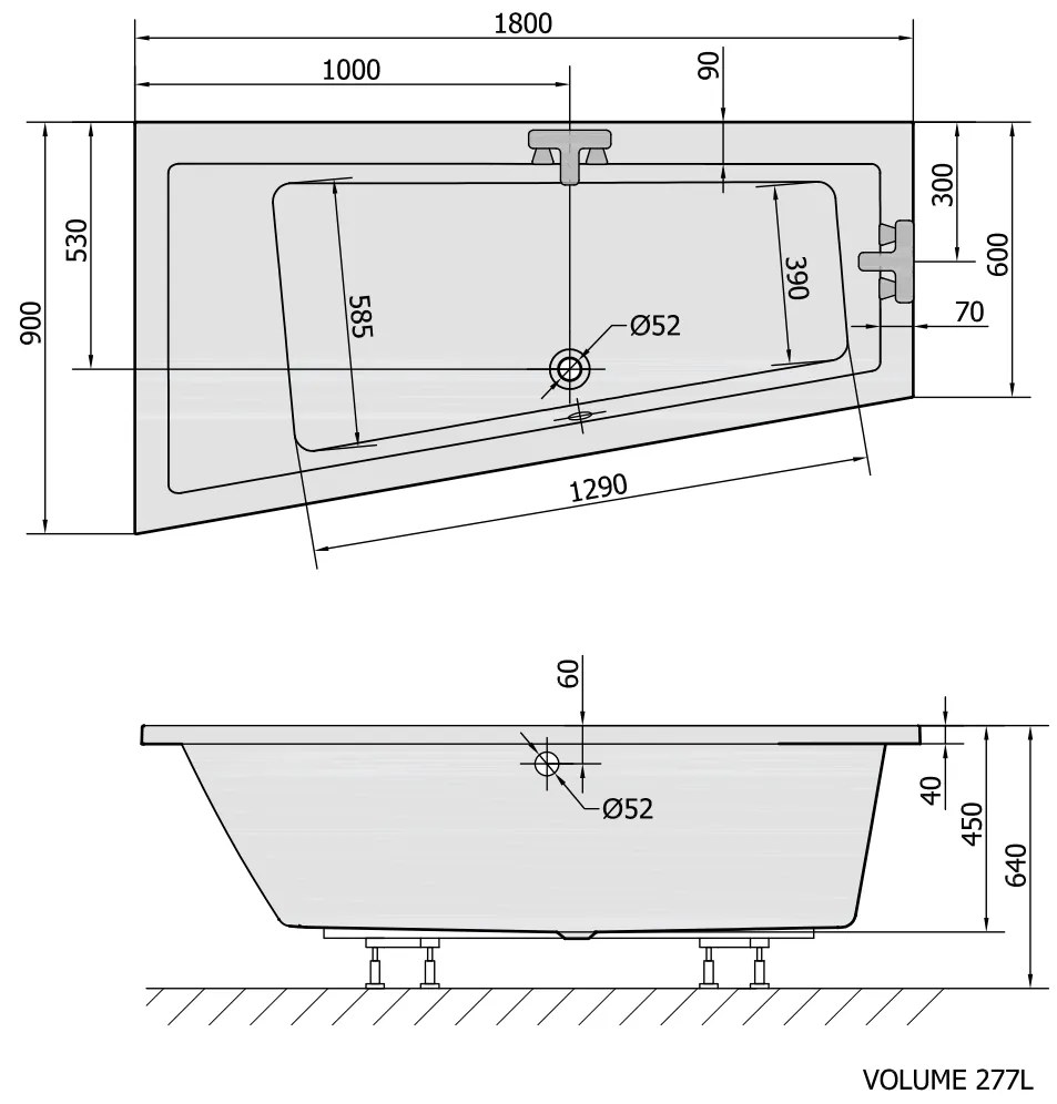 Polysan ANDRA L asymetrická vana 180x90x45cm, černá mat, 72872BM