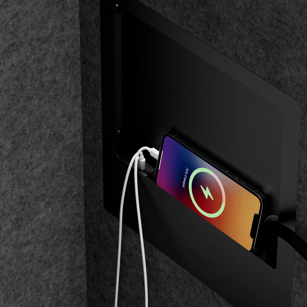 Kancelářská akustická kabina se sedátkem a USB-C portem, korpus černý / sedák tmavě šedá, 1150 mm: SALLY MentalBox