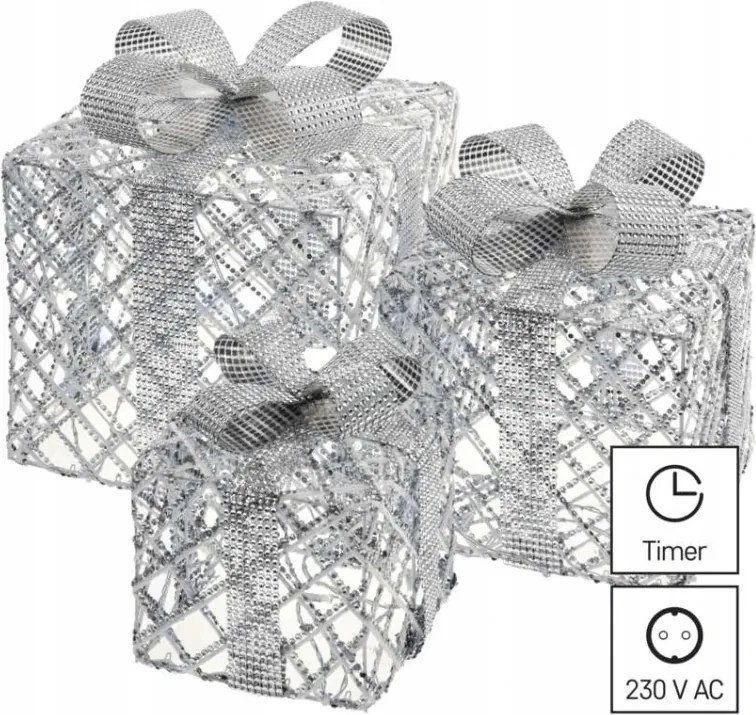 Led dárky, 3 velikosti, vnitřní, studená bílá, časovač 1 ks, krabice