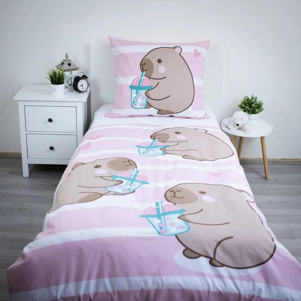Růžové bavlněné dětské povlečení na jednolůžko 140x200 cm Kapybara – Jerry Fabrics