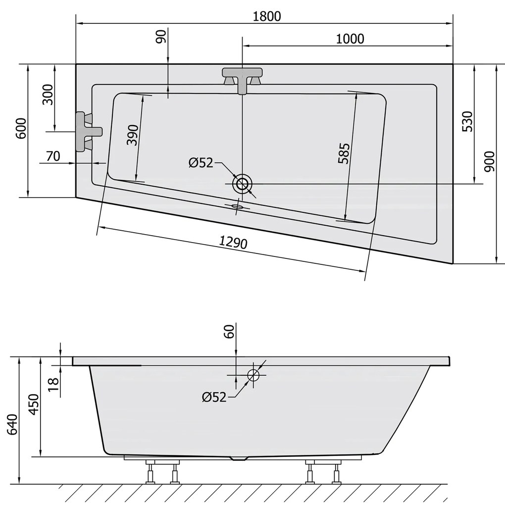 Polysan ANDRA R SLIM asymetrická vana 180x90x45cm, bílá, 78771S
