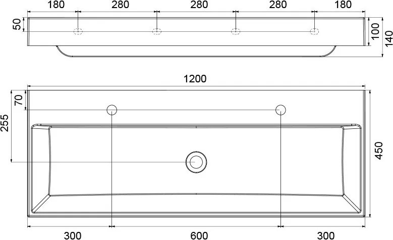 Ravak Natural Duo 1200 120 x 45 cm XJO01212000 umyvadlo bez přepadu s otvorem