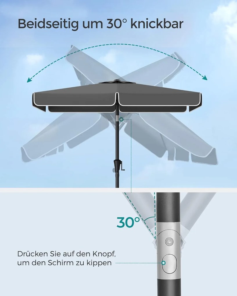 Slunečník 200 × 150 cm, obdélníkový balkonový slunečník, UV ochrana UPF 50+, bez základny, šedý