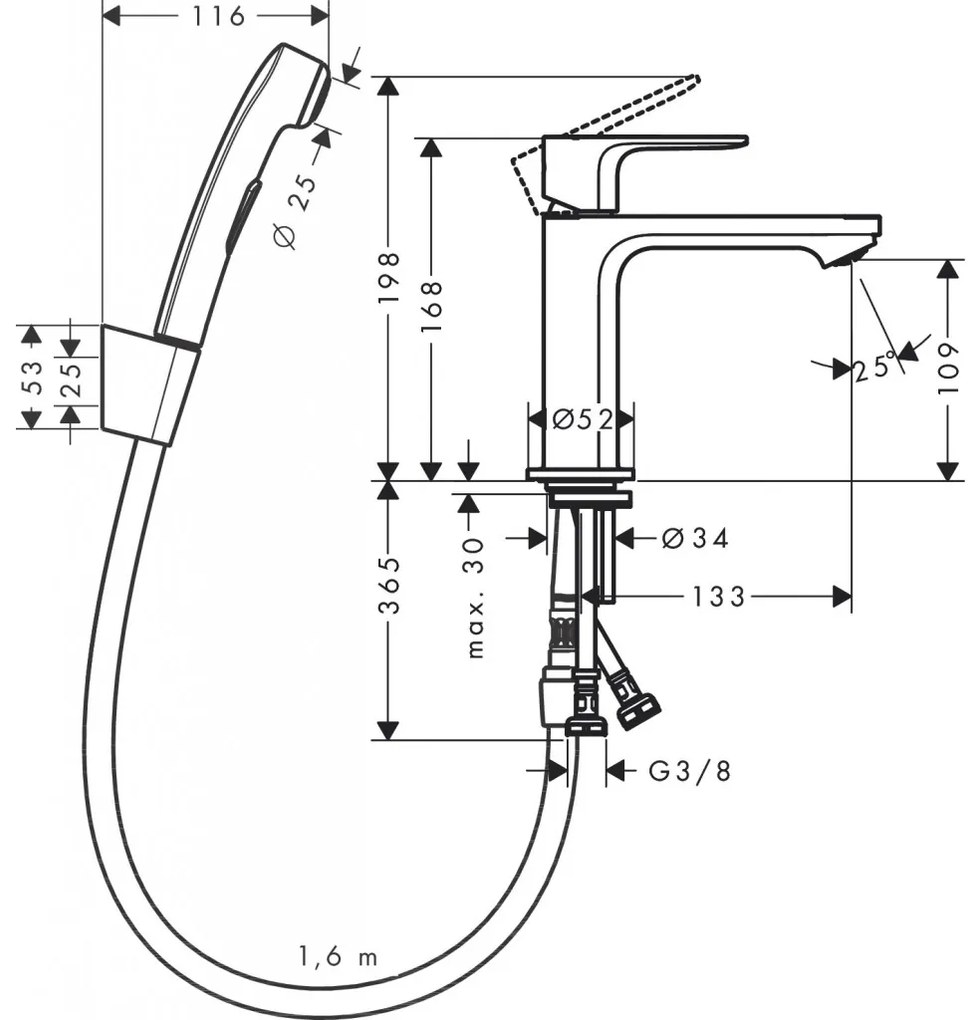 Hansgrohe Rebris S - Páková umyvadlová baterie 110 s ruční sprchou Bidette a sprchovou hadicí 160 cm, bez odtokové soupravy, chrom 72215000