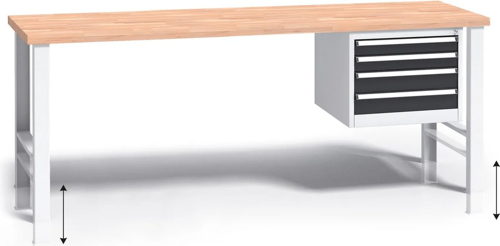 Výškově nastavitelný pracovní stůl do dílny G3 se závěsným boxem na nářadí, buková spárovka, 4 zásuvky, 2000 x 685 x 840 - 1050 mm, grafit