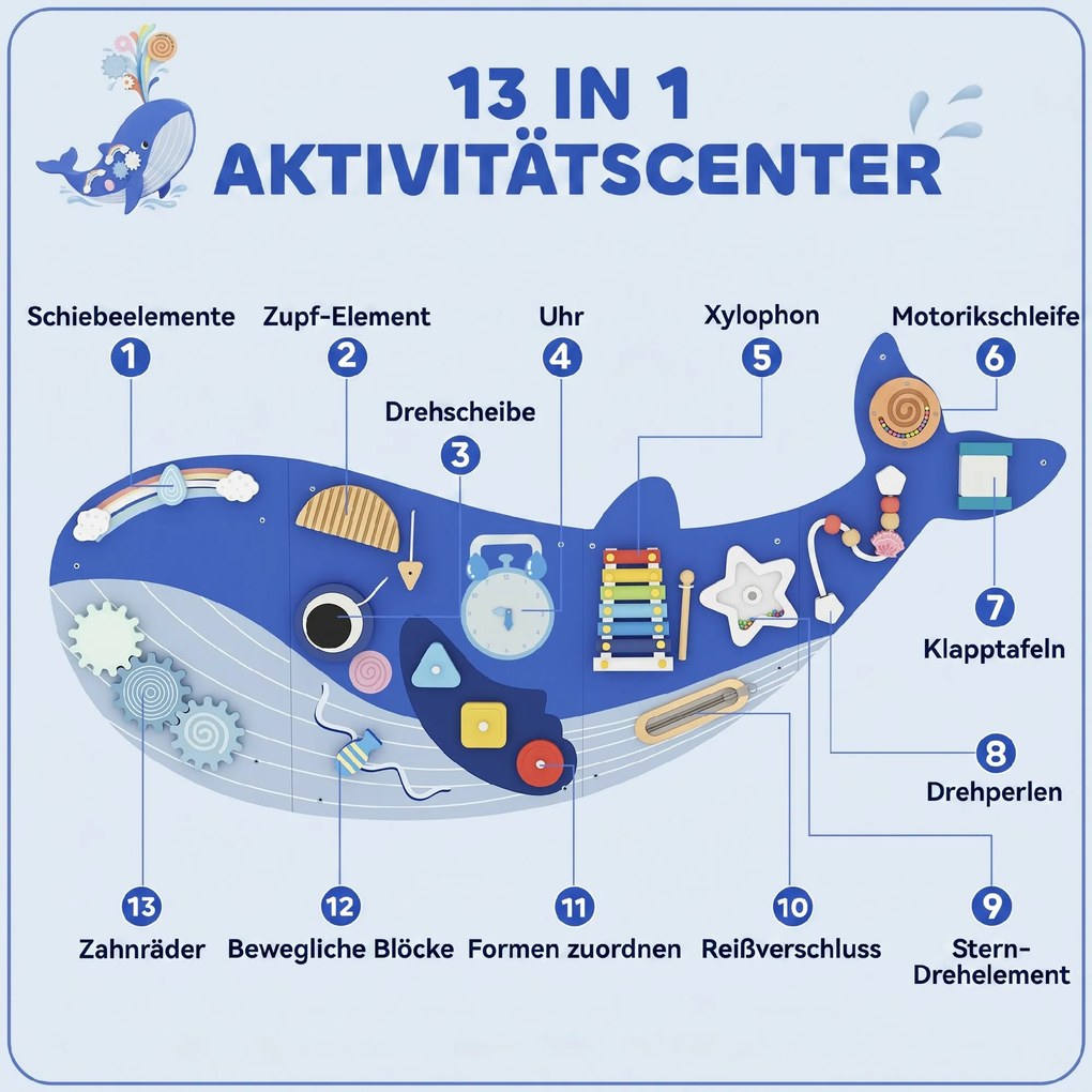 AIYAPLAY Montessori motorická deska 13v1 dřevěné Busy Board ve tvaru velryby, nástěnně montovaná herní deska s xylofonem, hodinami a ozubenými koly