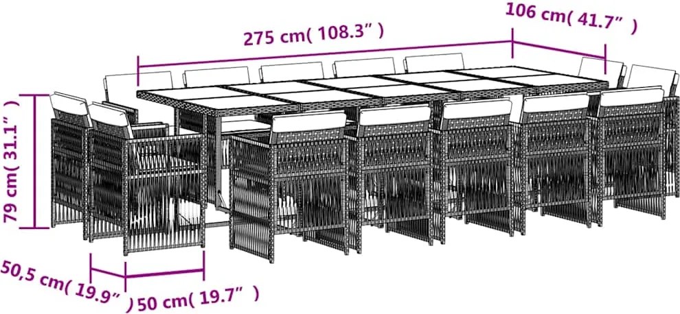 15dílný zahradní jídelní set s poduškami šedý polyratan 3211052