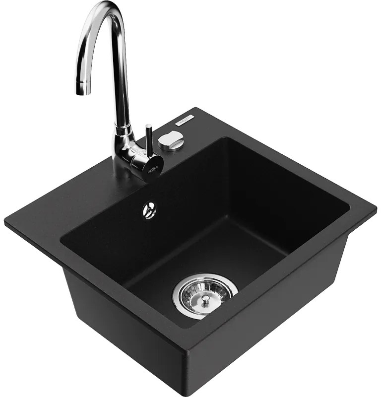 Mexen Milo, 1-komorový granitový dřez 43,5x41 cm a kuchyňská baterie Telma, černá, 6505-77-670200-00
