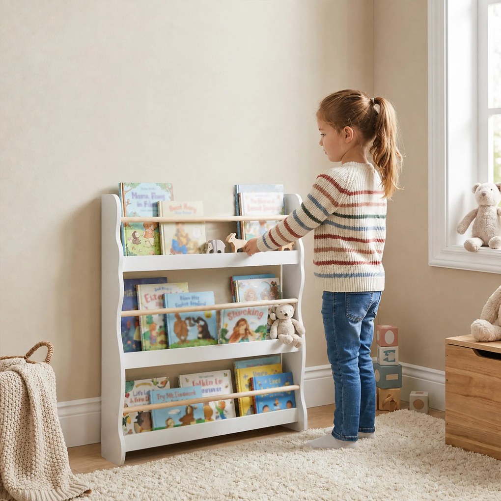 AIYAPLAY dětský knihovník, nástěnný dětský regál se 3 úrovněmi, nástěnný regál s ochranou proti převrácení, 60 x 15 x 73 cm bílý