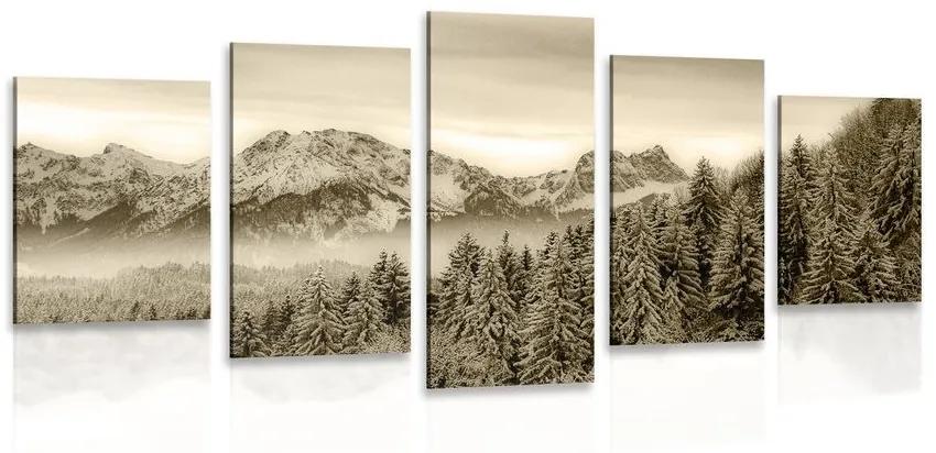 5-dílný obraz zamrzlé hory v sépiovém provedení - 100x50 cm