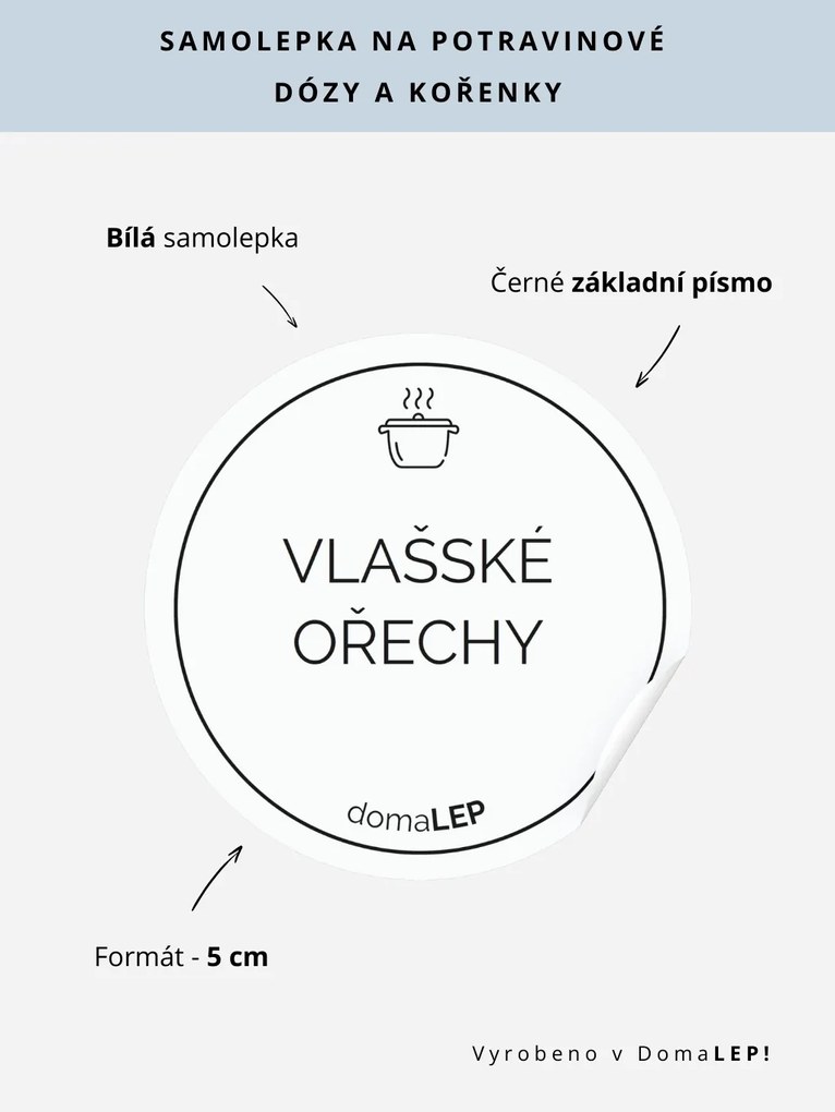 VLAŠSKÉ OŘECHY – bílá samolepka na dózu, základní písmo, 5 cm | DomaLEP
