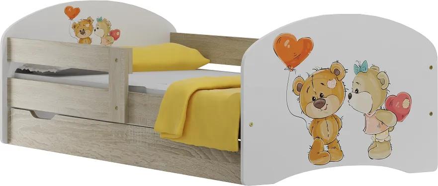 Dětská postel s motivem MEDVÍDCI se zábranou Rozměr: 200x90, Matrace: bez  matrace, Barevná kombinace: DUB SONOMA / BÍLÁ | BIANO