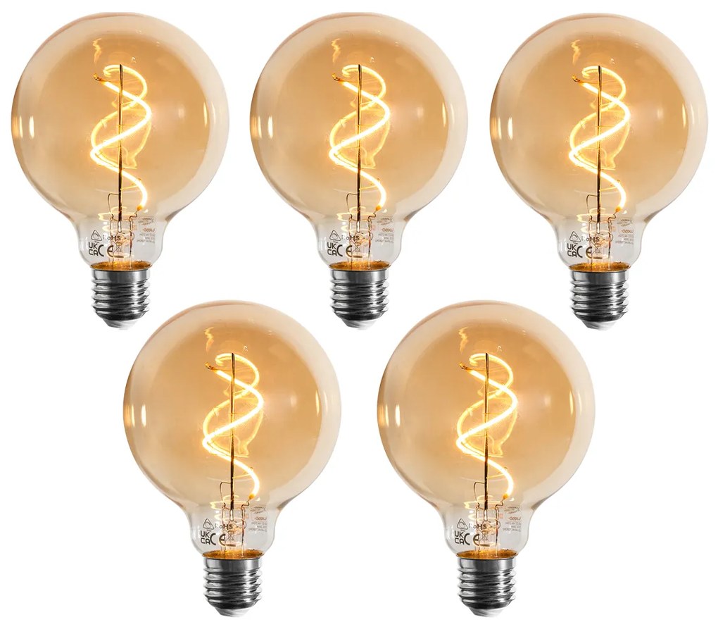 Sada 5 stmívatelných LED žárovek E27 s vláknem ve spirále G95, zlaté, 4W 270LM 2100K
