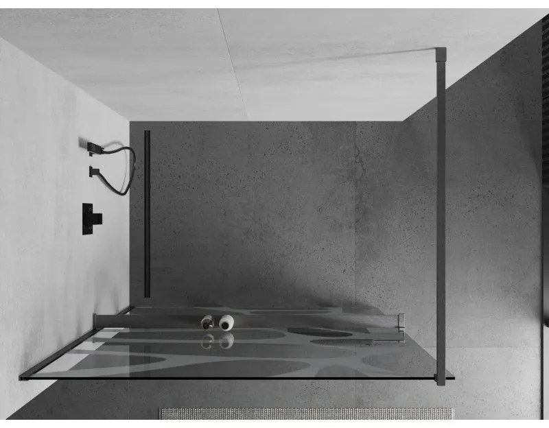 Mexen Kioto+, sprchová zástěna Walk-In s poličkou a věšákem 110 x 200 cm, 8mm čiré sklo bílý vzor, grafitový profil, 800-110-121-66-97