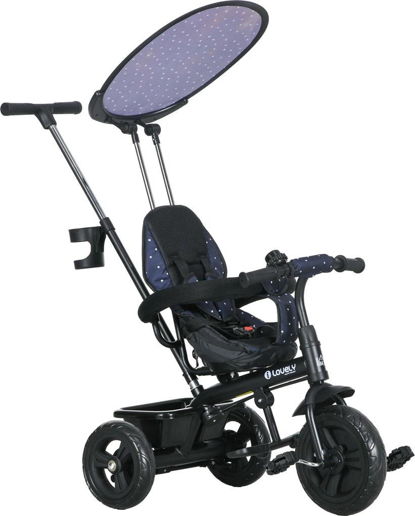 HOMCOM 6-in-1 Dětský Tříkolka s Ovládací Rukojetí od 9 Měsíců do 25 kg, Dětská Tříkolka s Odnímatelnou Sluneční Clonou, Bezpečnostním Pásem, Držákem n