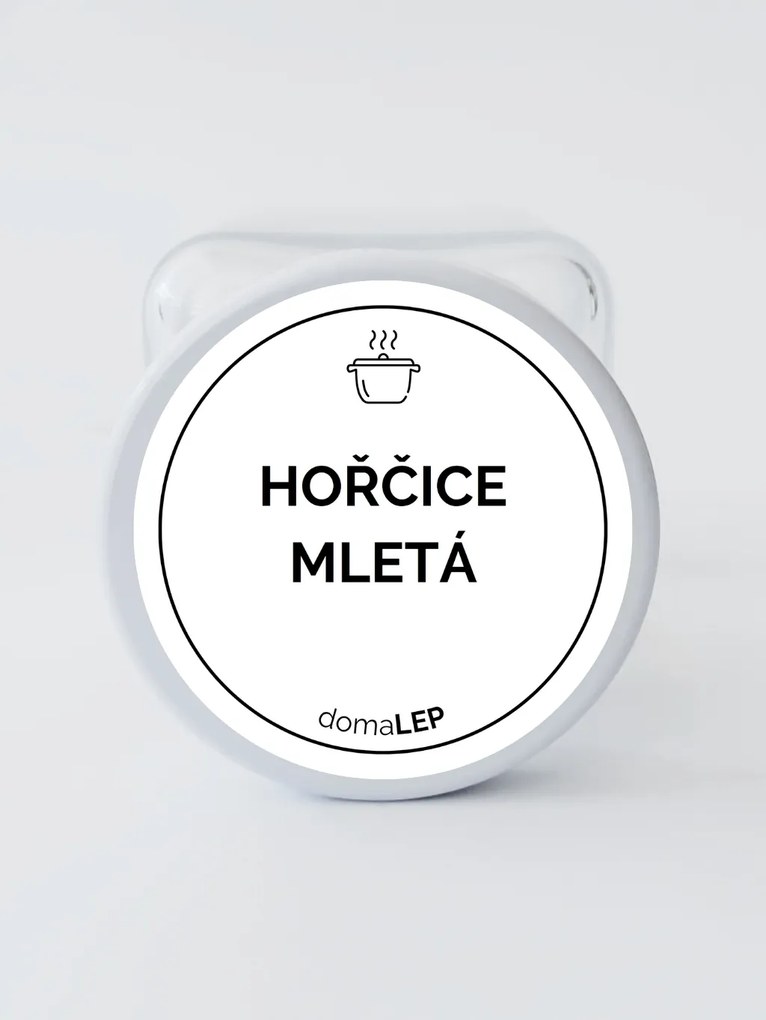 Samolepka na kořenky HOŘČICE MLETÁ bílá 5 cm tučné písmo