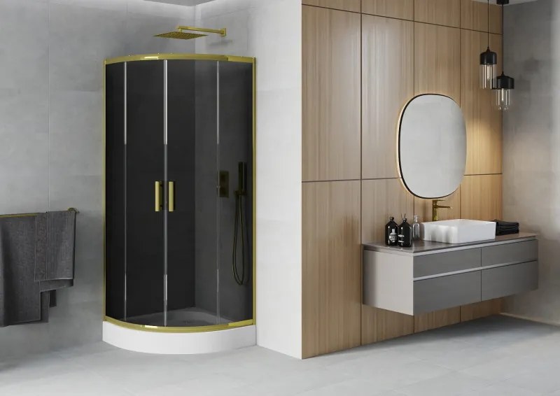 Mexen Rio, čtvrtkruhový sprchový kout 70(dveře)x70(dveře)x190 cm, 5mm šedé sklo, zlatý profil + bílá sprchová vanička RIO, 863-070-070-50-0-4710