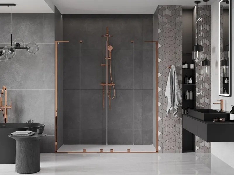 Mexen Velar L Duo, posuvné sprchové dveře do otvoru 200 cm, 8mm čiré sklo, růžové zlato, 871-200-003-02-60
