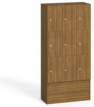 Dřevěná odkládací skříňka S5 s úložnými boxy, 9 boxů, 1700 x 900 x 420 mm, cylindrický zámek, ořech