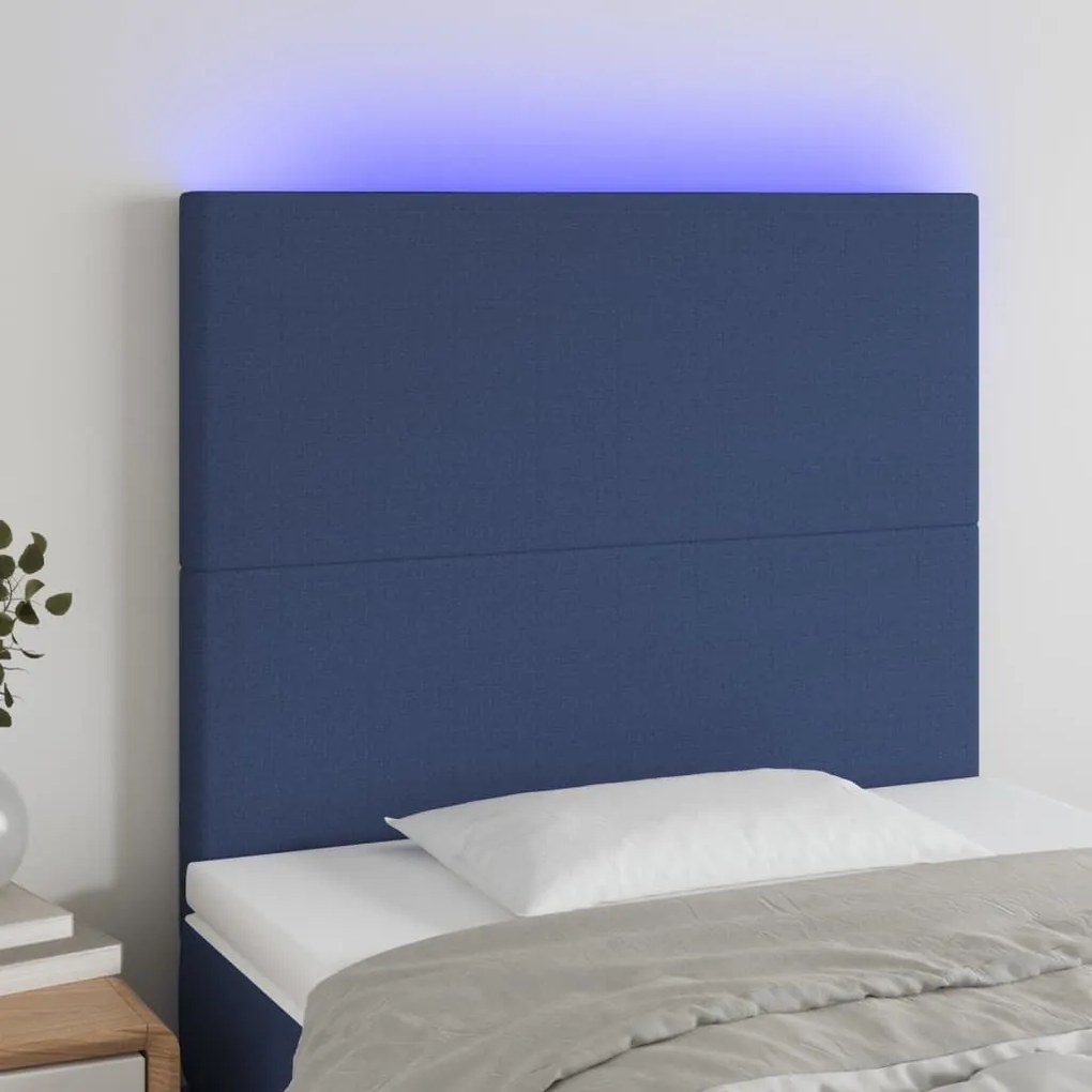 Čelo postele s LED modré 100x5x118/128 cm textil 3122140