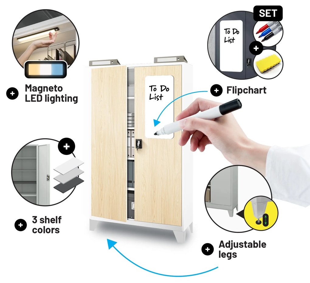 Kancelářská kovová skříň na dokumenty JAN II, Eco Design: bílá/dub sonoma