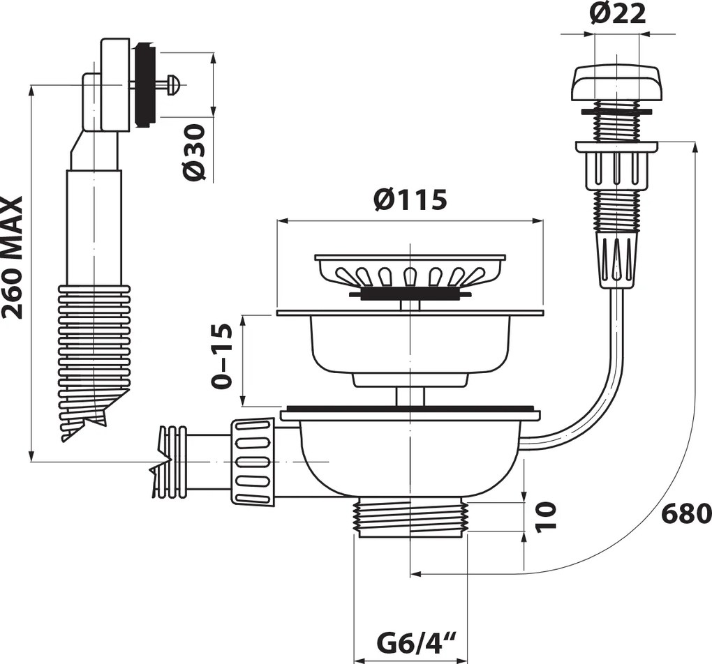 Bruckner dřezová nerez výpust 6/4 s přepadem a ovládáním černá 155.122.6
