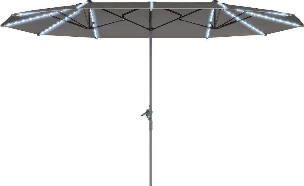 Outsunny Dvojitý Sluneční Umbrel s Solárními LED Světly 451x267 cm Hliník UV 50+ Sluneční Umbrel s Ručním Kolečkem, Balkónový Umbrel Odolný proti Větr