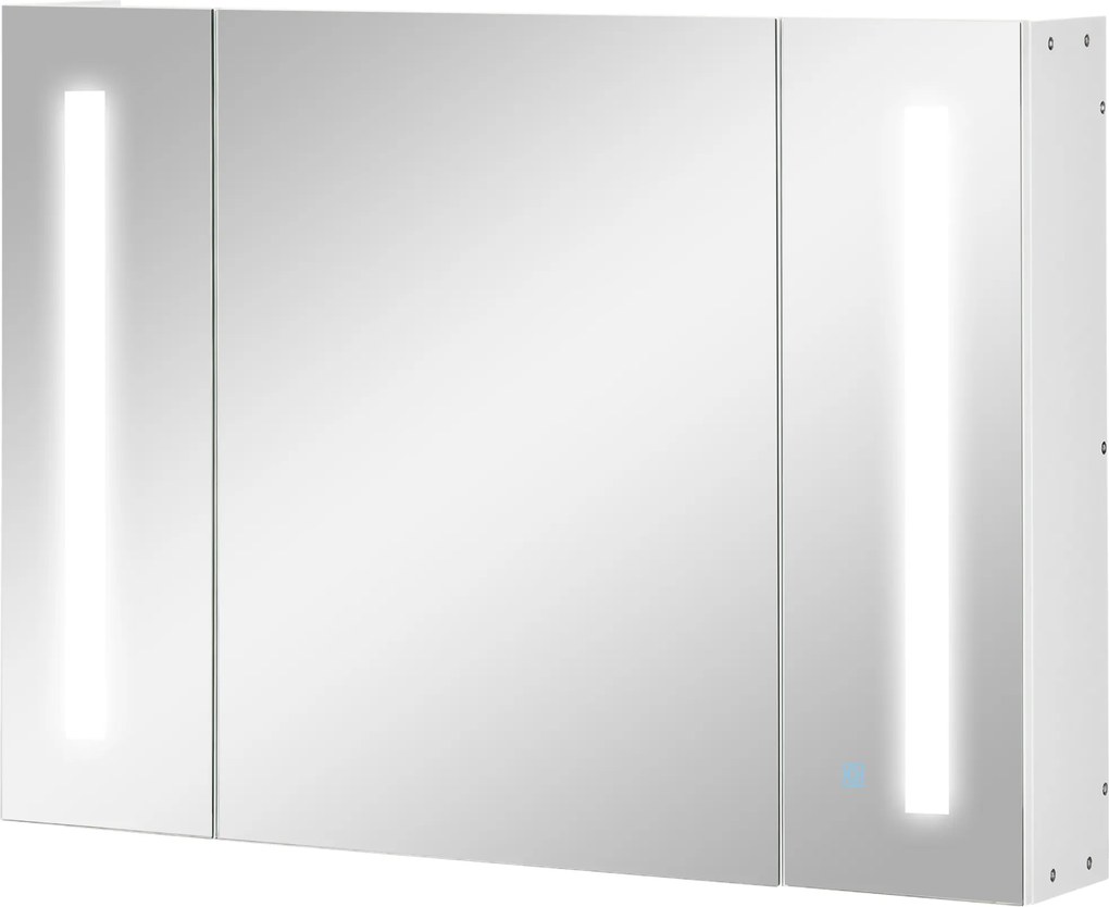 kleankin Zrcadlová skříňka 3 zrcadlová dvířka LED světla 90 × 15 × 65 cm bílá