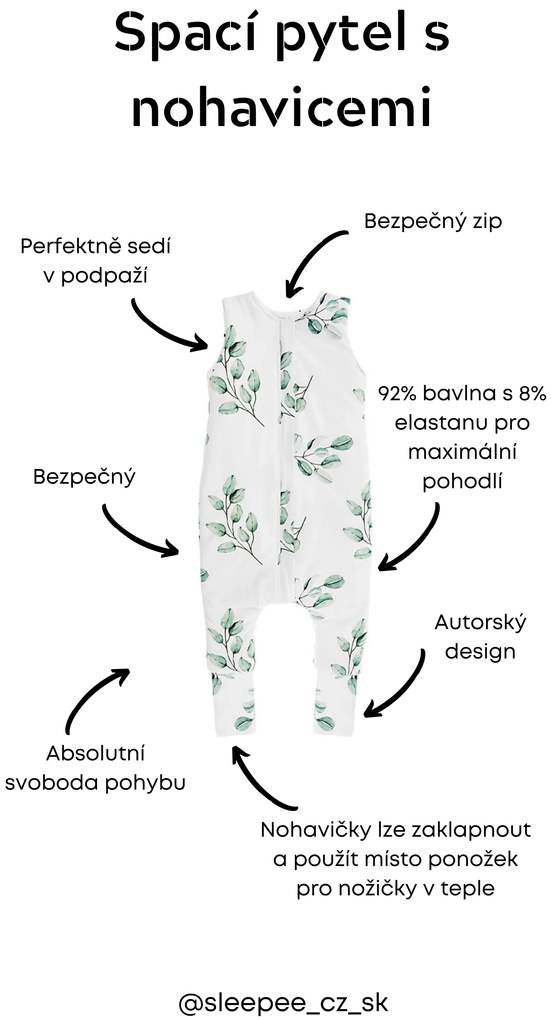 Sleepee Celoroční spací pytel s nohavicemi BOHO, ZELENÝ z bavlny Zvolte rozměr: XS (6 - 12 měsíců)