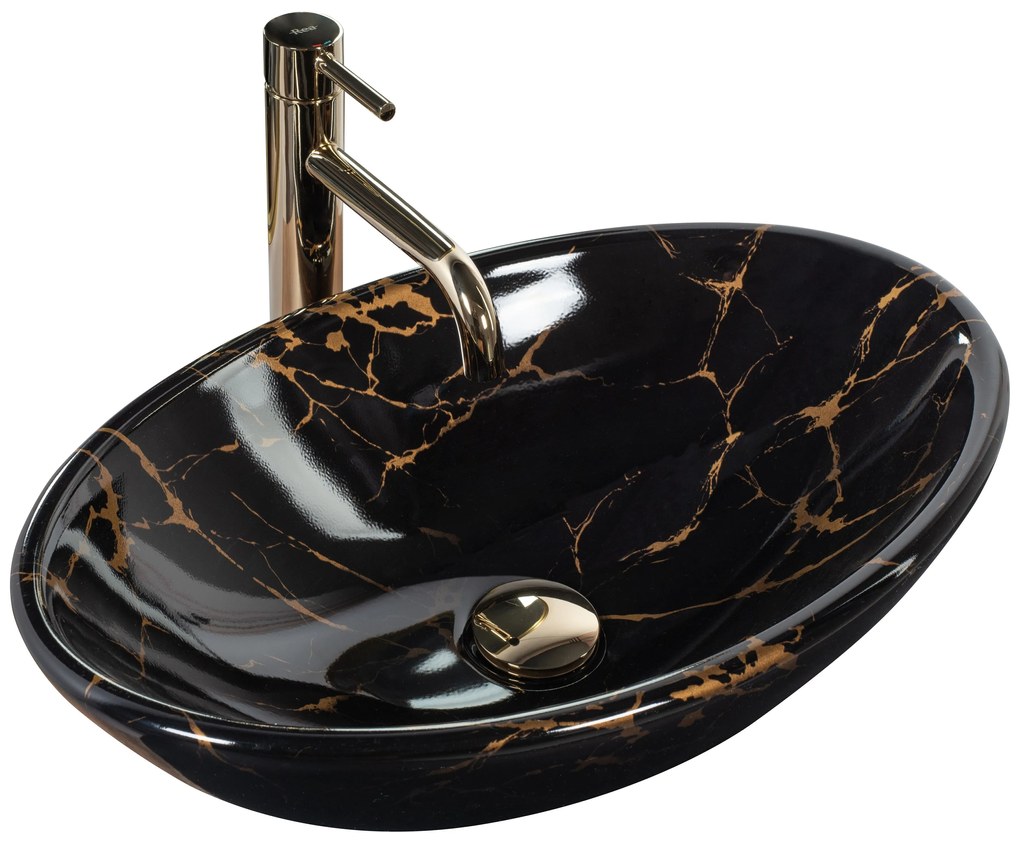 Rea Pamela Black Marble Shiny, umyvadlo na desku 530x330x150 mm, černá lesklá-vzor black marble, REA-U5067